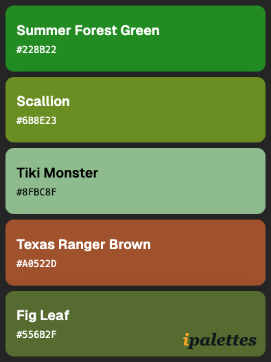 Forest Color Palette and colors #228B22 #6B8E23 #8FBC8F #A0522D #556B2F ...