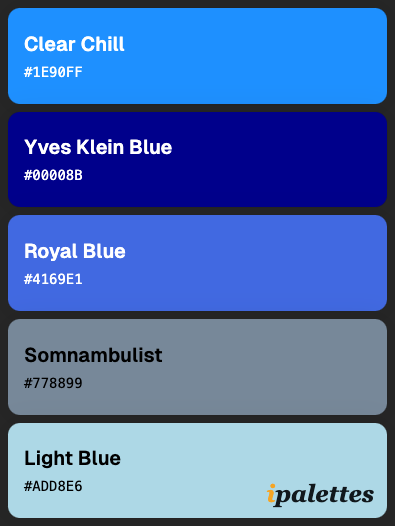 Blue Color Palette and colors #1e90ff #00008b #4169e1 #778899 #add8e6 ...